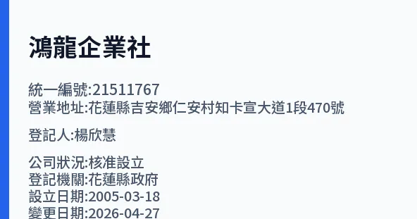 鴻龍企業社的照片-統編 21511767(花蓮縣) 公司登記資料與營業項目詳細圖表