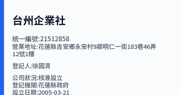 台州企業社的照片-統編 21512858(花蓮縣) 公司登記資料與營業項目詳細圖表