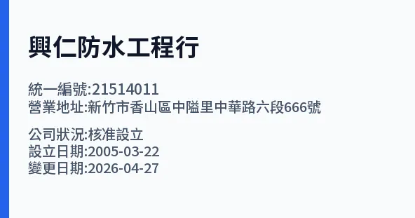 興仁防水工程行的照片-統編 21514011(新竹市) 公司登記資料與營業項目詳細圖表
