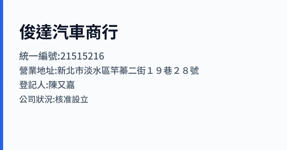 俊達汽車商行 - 統編 21515216(新北市) 公司登記資料與營業項目詳細圖表