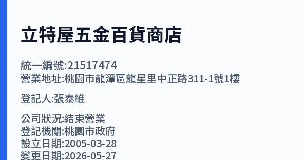 立特屋五金百貨商店的照片-統編 21517474(桃園市) 公司登記資料與營業項目詳細圖表