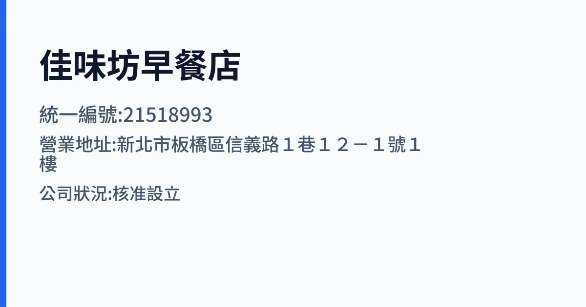 佳味坊早餐店 - 統編 21518993(新北市) 公司登記資料與營業項目詳細圖表