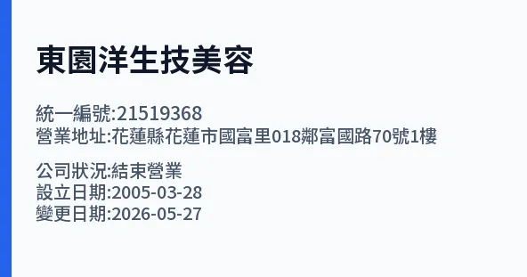 東園洋生技美容的照片-統編 21519368(花蓮縣) 公司登記資料與營業項目詳細圖表