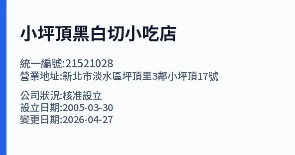 小坪頂黑白切小吃店的照片-統編 21521028(新北市) 公司登記資料與營業項目詳細圖表