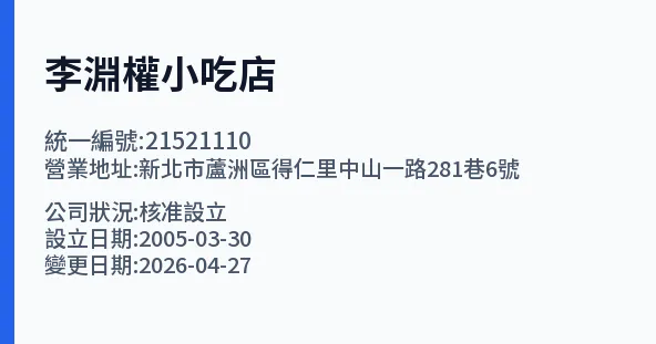 李淵權小吃店的照片-統編 21521110(新北市) 公司登記資料與營業項目詳細圖表