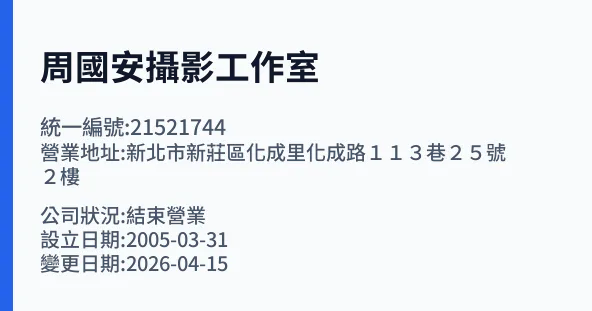 周國安攝影工作室的照片-統編 21521744(新北市) 公司登記資料與營業項目詳細圖表