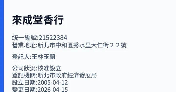 來成堂香行的照片-統編 21522384(新北市) 公司登記資料與營業項目詳細圖表