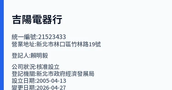 吉陽電器行的照片-統編 21523433(新北市) 公司登記資料與營業項目詳細圖表