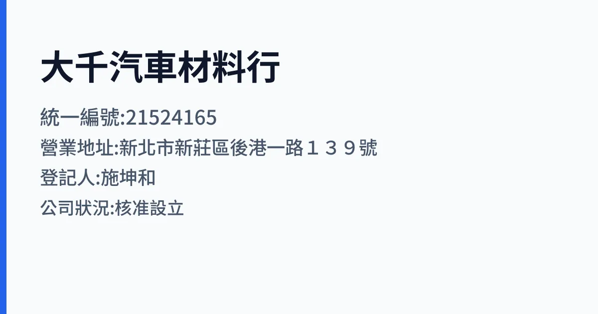 大千汽車材料行 - 統編 21524165(新北市) 公司登記資料與營業項目詳細圖表