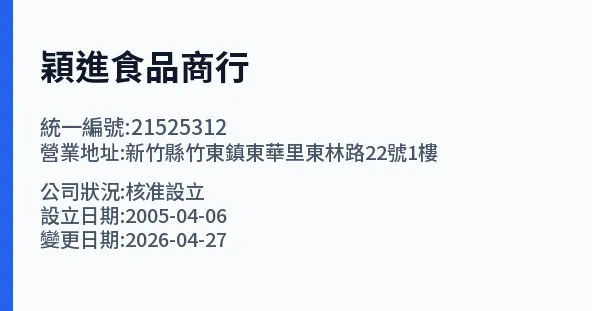 穎進食品商行的照片-統編 21525312(新竹縣) 公司登記資料與營業項目詳細圖表