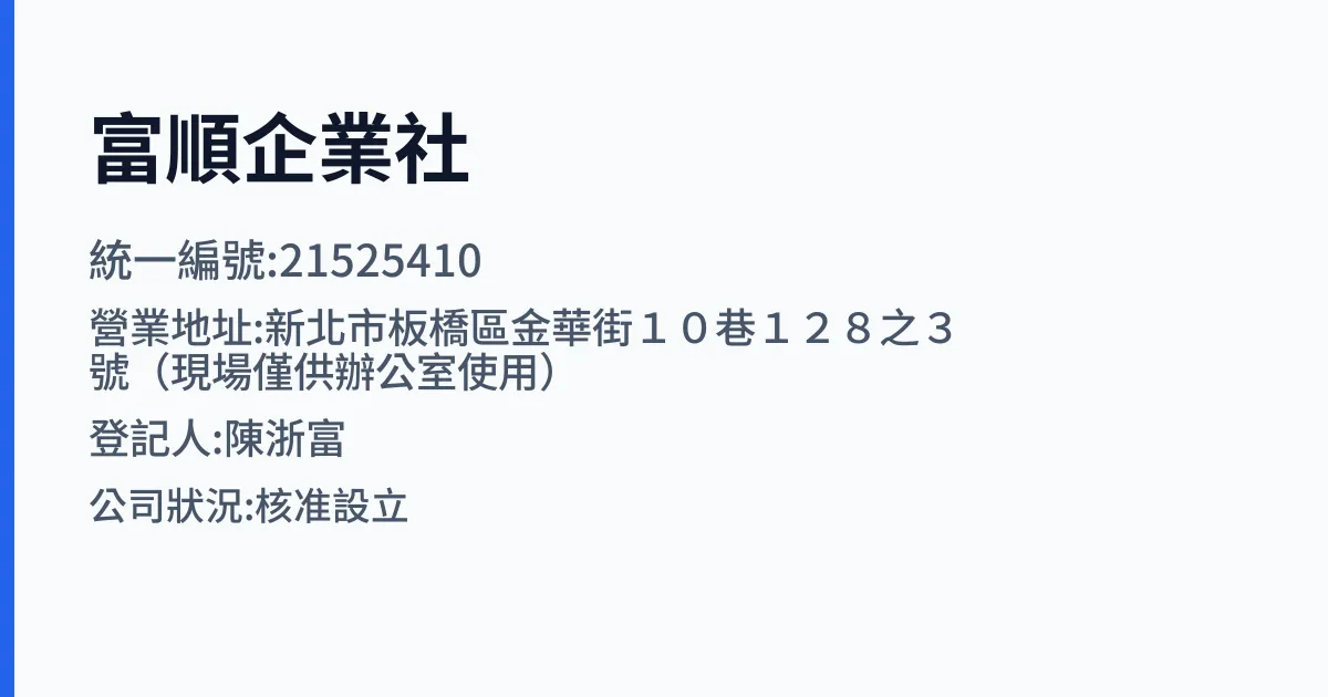 富順企業社 - 統編 21525410(新北市) 公司登記資料與營業項目詳細圖表