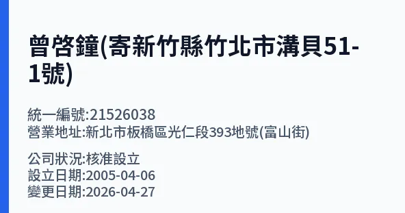 曾啓鐘(寄新竹縣竹北市溝貝51-1號)的照片-統編 21526038(新北市) 公司登記資料與營業項目詳細圖表
