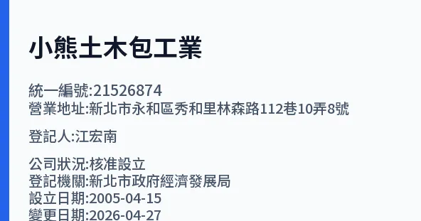 小熊土木包工業的照片-統編 21526874(新北市) 公司登記資料與營業項目詳細圖表