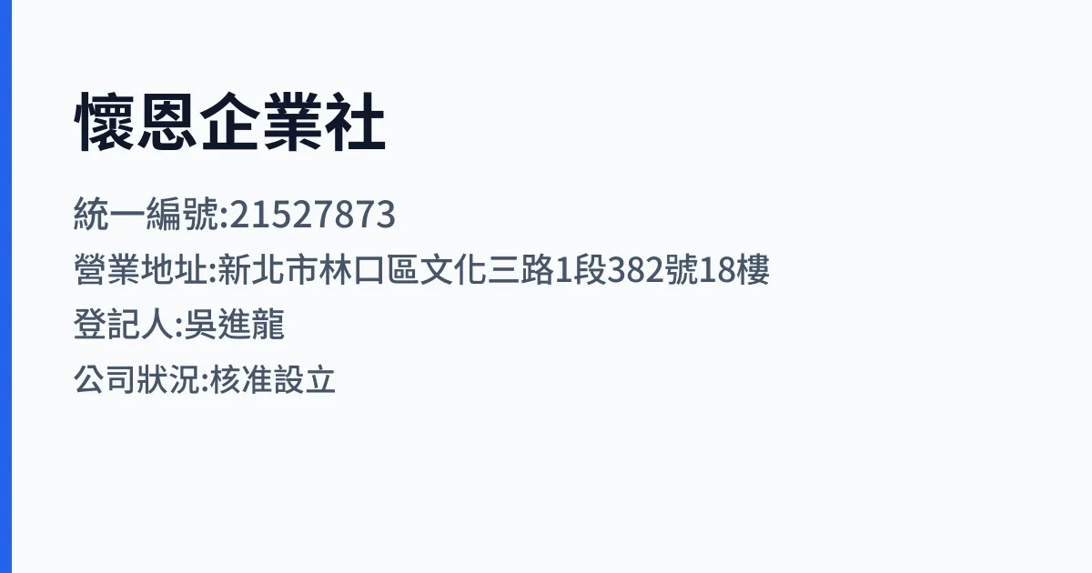 懷恩企業社 - 統編 21527873(新北市) 公司登記資料與營業項目詳細圖表