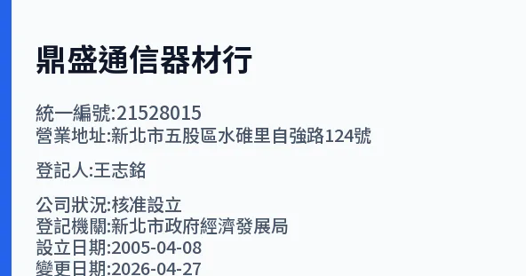 鼎盛通信器材行的照片-統編 21528015(新北市) 公司登記資料與營業項目詳細圖表