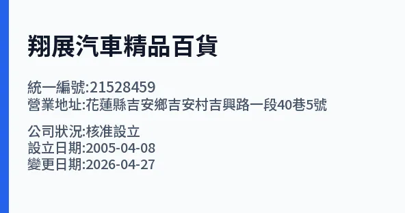 翔展汽車精品百貨的照片-統編 21528459(花蓮縣) 公司登記資料與營業項目詳細圖表