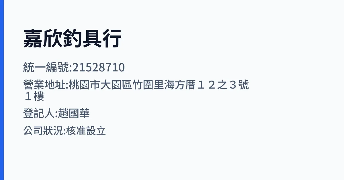 嘉欣釣具行 - 統編 21528710(桃園市) 公司登記資料與營業項目詳細圖表