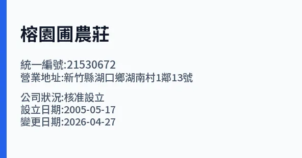榕園圃農莊的照片-統編 21530672(新竹縣) 公司登記資料與營業項目詳細圖表