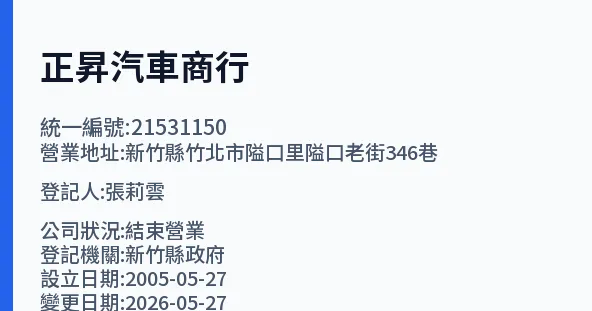 正昇汽車商行的照片-統編 21531150(新竹縣) 公司登記資料與營業項目詳細圖表