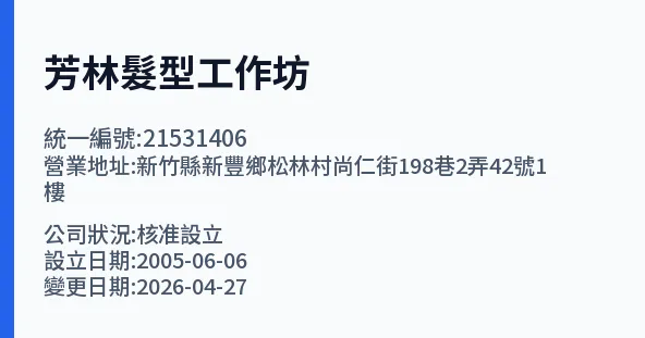 芳林髮型工作坊的照片-統編 21531406(新竹縣) 公司登記資料與營業項目詳細圖表
