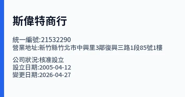 斯偉特商行的照片-統編 21532290(新竹縣) 公司登記資料與營業項目詳細圖表