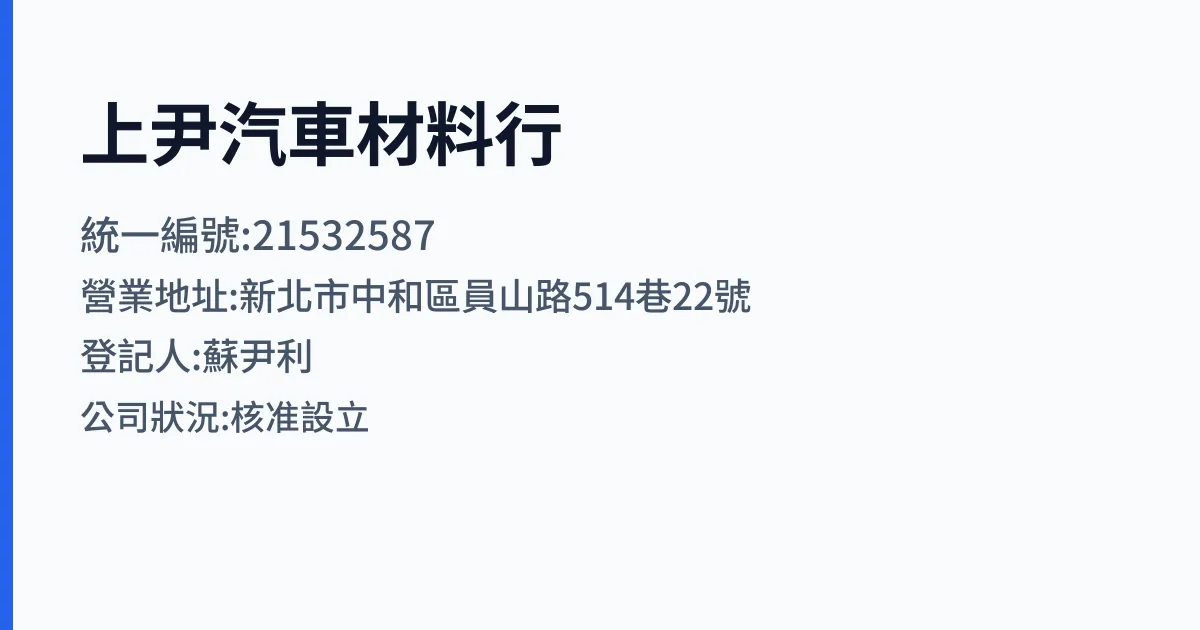 上尹汽車材料行 - 統編 21532587(桃園市) 公司登記資料與營業項目詳細圖表