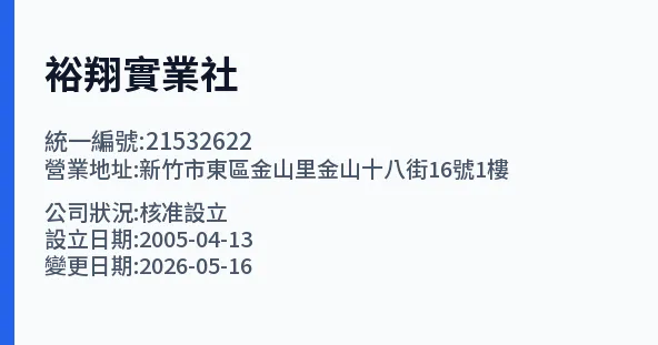 裕翔實業社的照片-統編 21532622(新竹市) 公司登記資料與營業項目詳細圖表