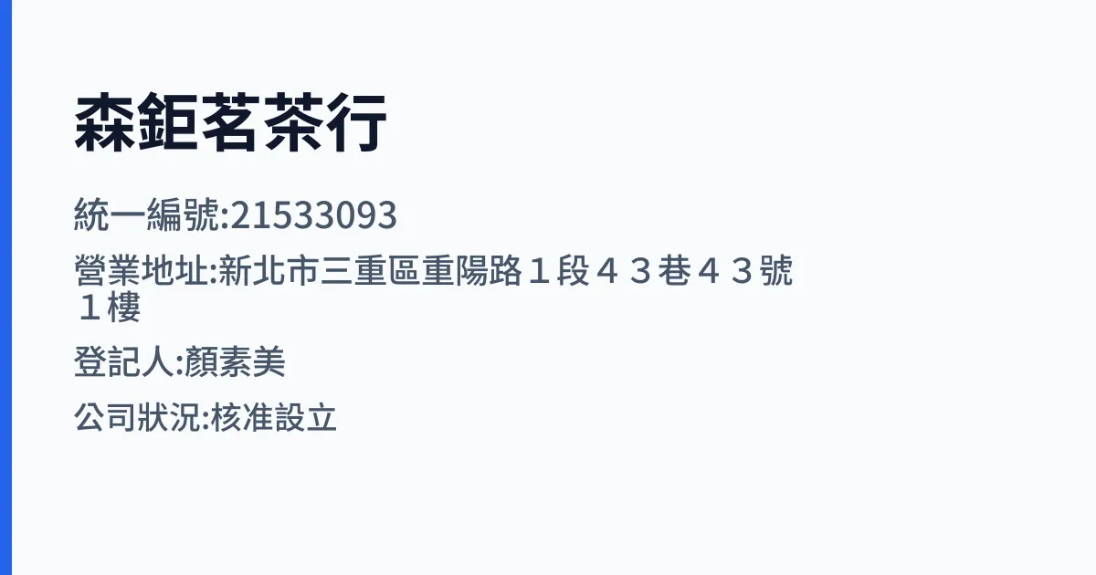 森鉅茗茶行 - 統編 21533093(新北市) 公司登記資料與營業項目詳細圖表