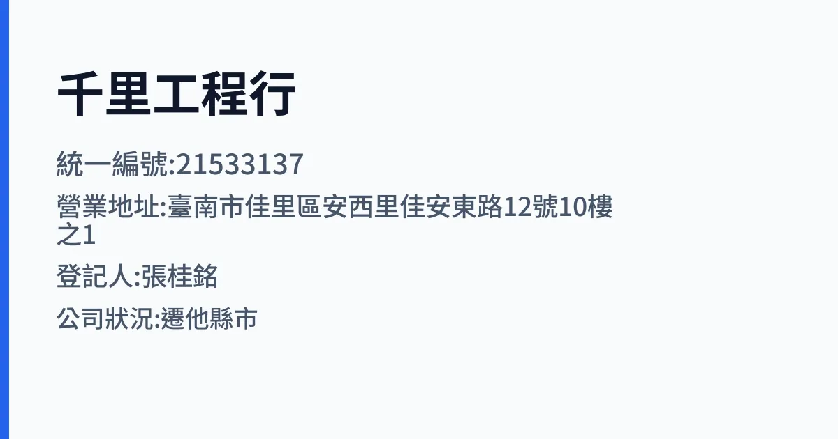 千里工程行 - 統編 21533137(臺北市) 公司登記資料與營業項目詳細圖表