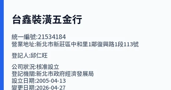 台鑫裝潢五金行的照片-統編 21534184(新北市) 公司登記資料與營業項目詳細圖表