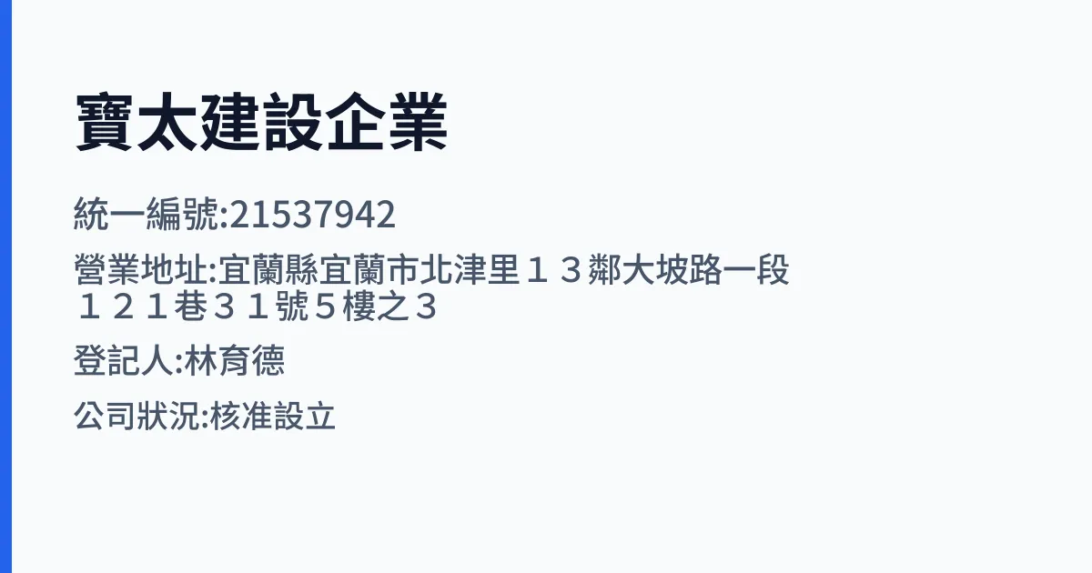 寶太建設企業 - 統編 21537942(宜蘭縣) 公司登記資料與營業項目詳細圖表