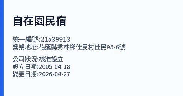 自在園民宿的照片-統編 21539913(花蓮縣) 公司登記資料與營業項目詳細圖表