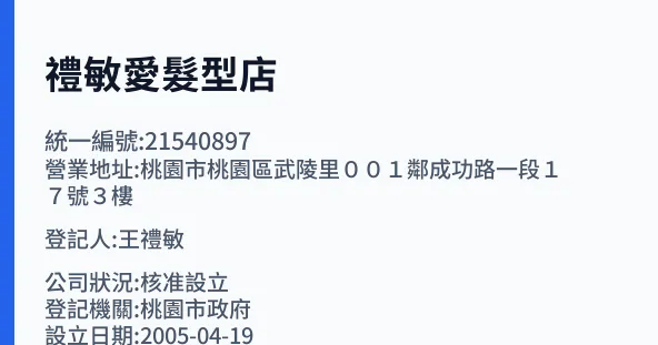 禮敏愛髮型店 - 統編 21540897(桃園市) 公司登記資料與營業項目詳細圖表