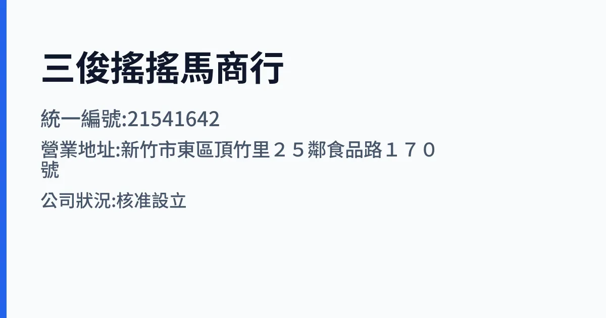 三俊搖搖馬商行 - 統編 21541642(新竹市) 公司登記資料與營業項目詳細圖表