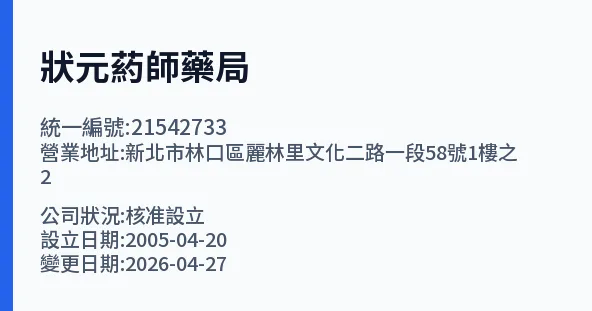 狀元葯師藥局的照片-統編 21542733(新北市) 公司登記資料與營業項目詳細圖表