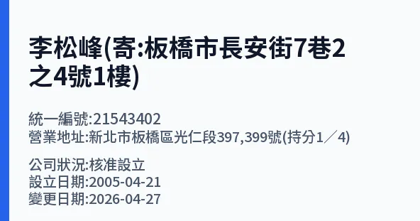 李松峰(寄:板橋市長安街7巷2之4號1樓)的照片-統編 21543402(新北市) 公司登記資料與營業項目詳細圖表