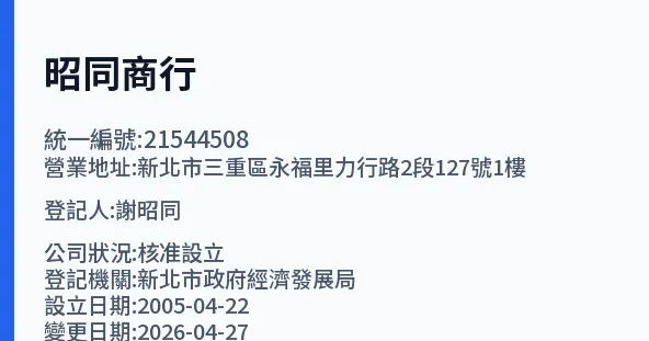 昭同商行的照片-統編 21544508(新北市) 公司登記資料與營業項目詳細圖表