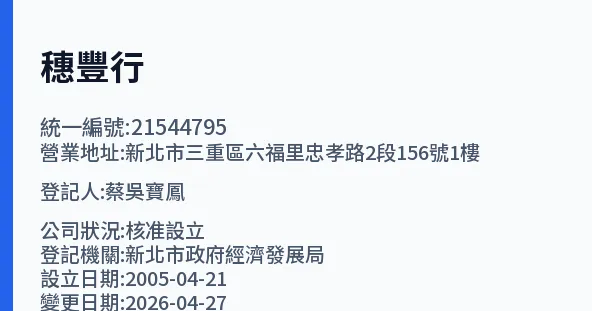 穗豐行的照片-統編 21544795(新北市) 公司登記資料與營業項目詳細圖表