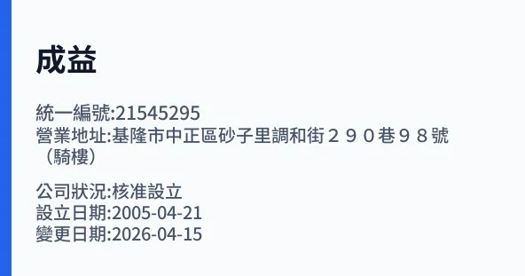 成益的照片-統編 21545295(基隆市) 公司登記資料與營業項目詳細圖表