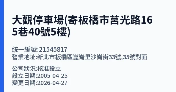 大觀停車場(寄板橋市莒光路165巷40號5樓)的照片-統編 21545817(新北市) 公司登記資料與營業項目詳細圖表