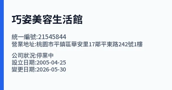 巧姿美容生活館的照片-統編 21545844(桃園市) 公司登記資料與營業項目詳細圖表