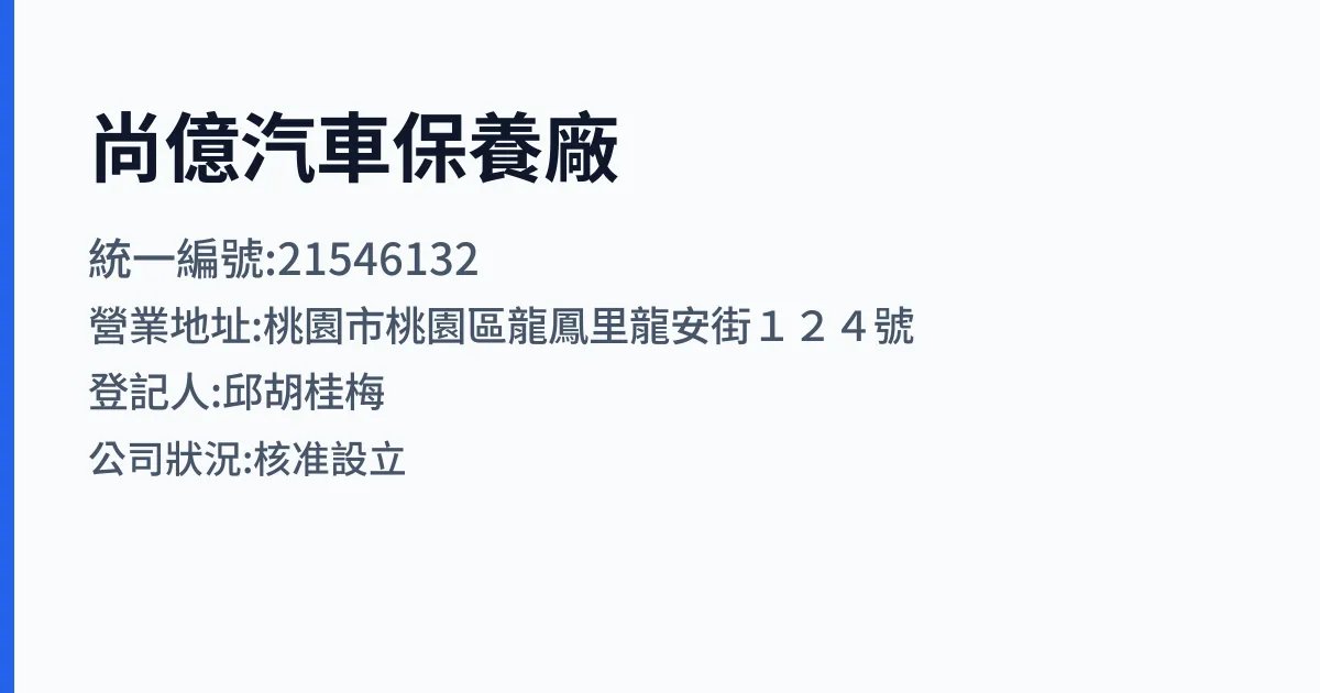 尚億汽車保養廠 - 統編 21546132(桃園市) 公司登記資料與營業項目詳細圖表