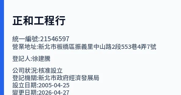 正和工程行的照片-統編 21546597(新北市) 公司登記資料與營業項目詳細圖表