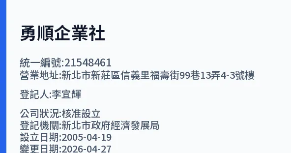勇順企業社的照片-統編 21548461(新北市) 公司登記資料與營業項目詳細圖表