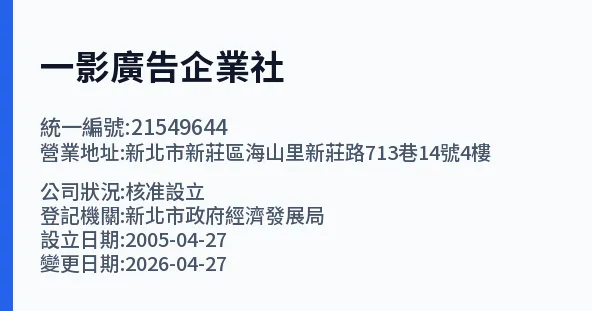 一影廣告企業社的照片-統編 21549644(新北市) 公司登記資料與營業項目詳細圖表