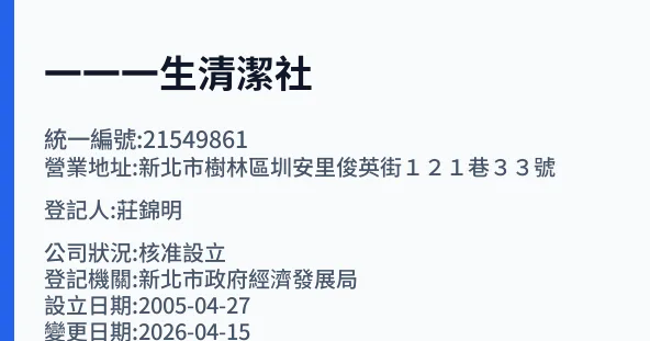 一一一生清潔社的照片-統編 21549861(新北市) 公司登記資料與營業項目詳細圖表