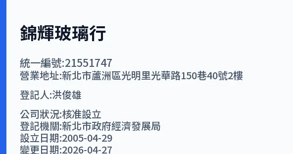 錦輝玻璃行的照片-統編 21551747(新北市) 公司登記資料與營業項目詳細圖表