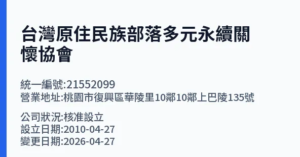台灣原住民族部落多元永續關懷協會的照片-統編 21552099(桃園市) 公司登記資料與營業項目詳細圖表