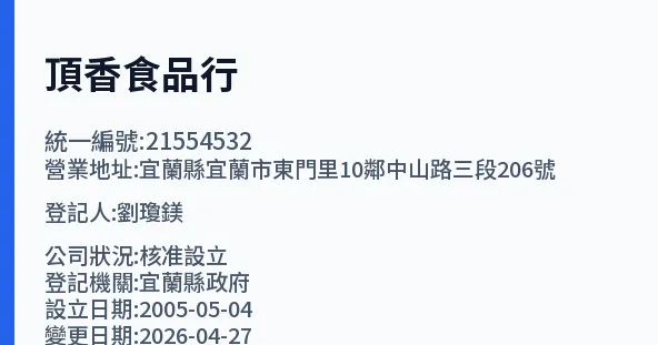 頂香食品行的照片-統編 21554532(宜蘭縣) 公司登記資料與營業項目詳細圖表