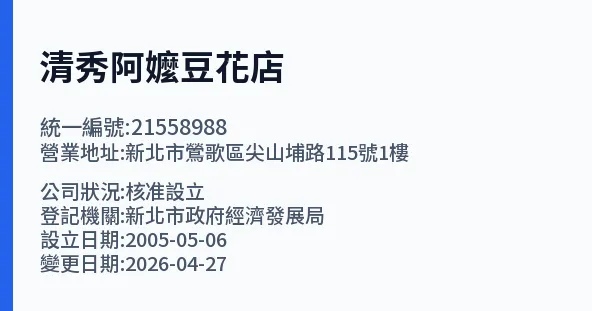 清秀阿嬤豆花店的照片-統編 21558988(新北市) 公司登記資料與營業項目詳細圖表